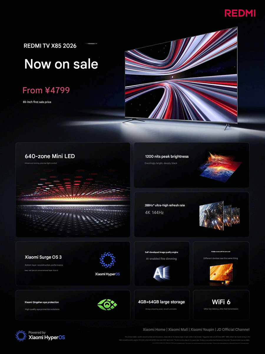 小米发布新款红米电视 X 2026，配备 Mini LED、高达 288Hz 的刷新率和 1,200 尼特峰值亮度 ...